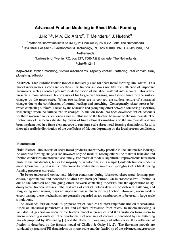 (PDF) Advanced Friction Modeling in Sheet Metal Forming