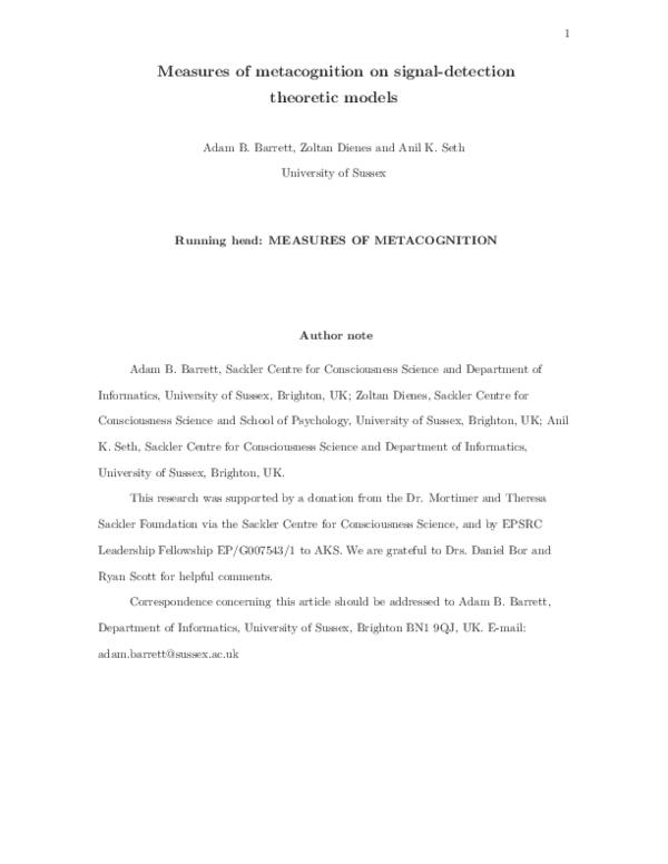 (PDF) Measures of metacognition on signal-detection theoretic models