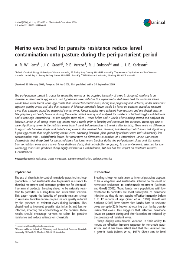 (PDF) Merino ewes bred for parasite resistance reduce larval ...