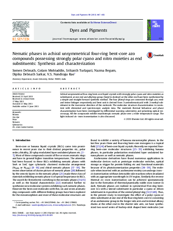 (PDF) Nematic phases in achiral unsymmetrical four-ring bent-core azo ...