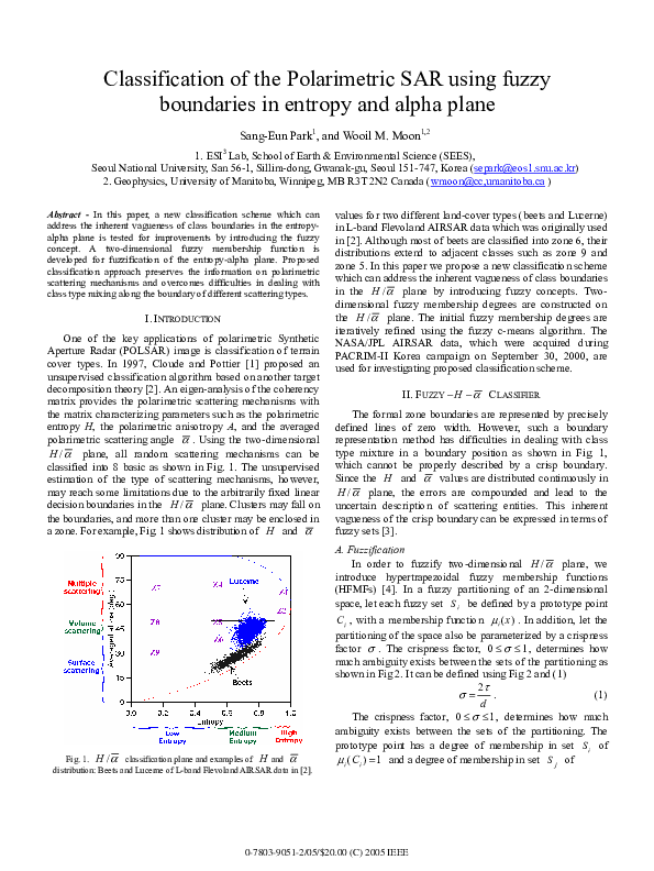 (PDF) Classification of the polarimetric SAR using fuzzy boundaries in entropy and alpha plane