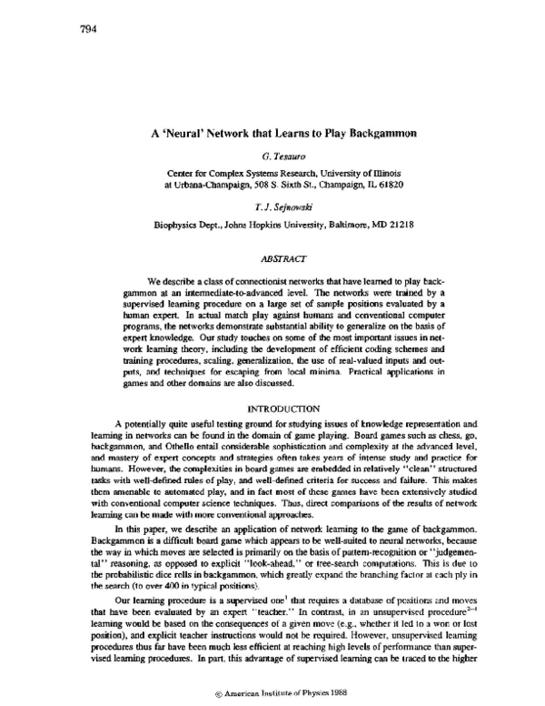 (PDF) A 'Neural' Network that Learns to Play Backgammon