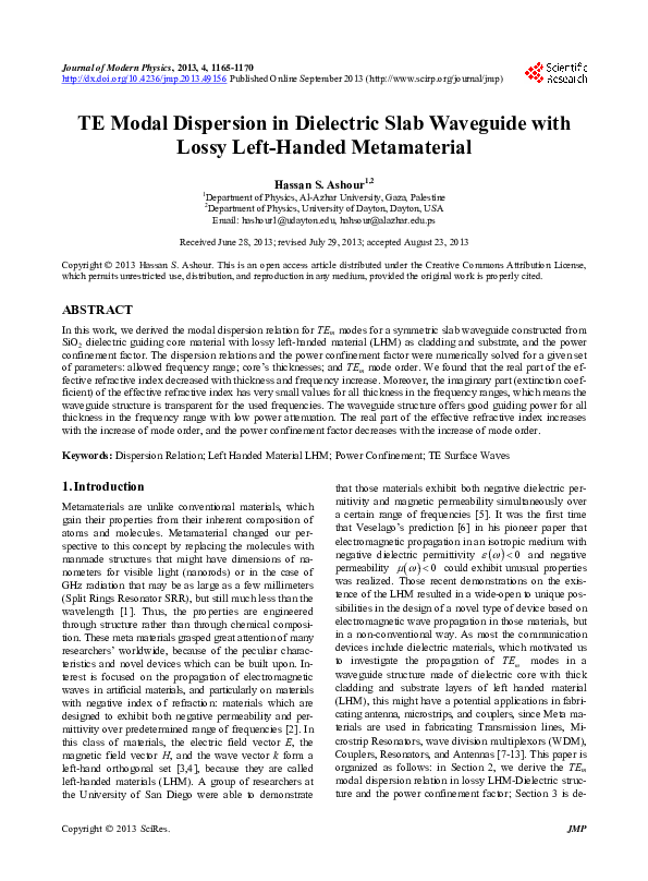 (PDF) TE Modal Dispersion in Dielectric Slab Waveguide with Lossy Left-Handed Metamaterial
