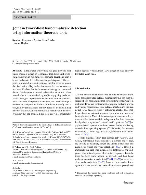Pdf Joint Network Host Based Malware Detection Using Information Theoretic Tools