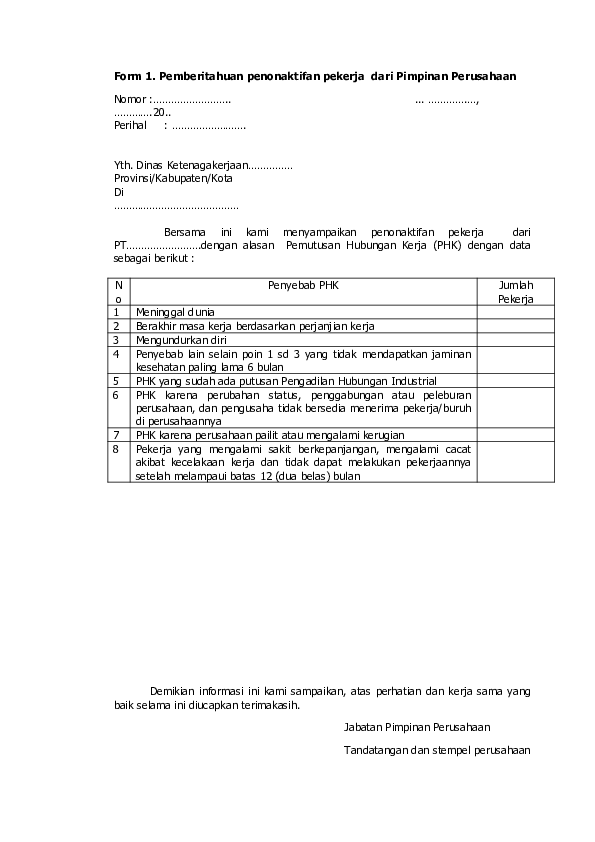 (DOC) FORMAT PELAPORAN NON AKTIF BPJS KESEHATAN PEKERJA (BARU JULI 2021)