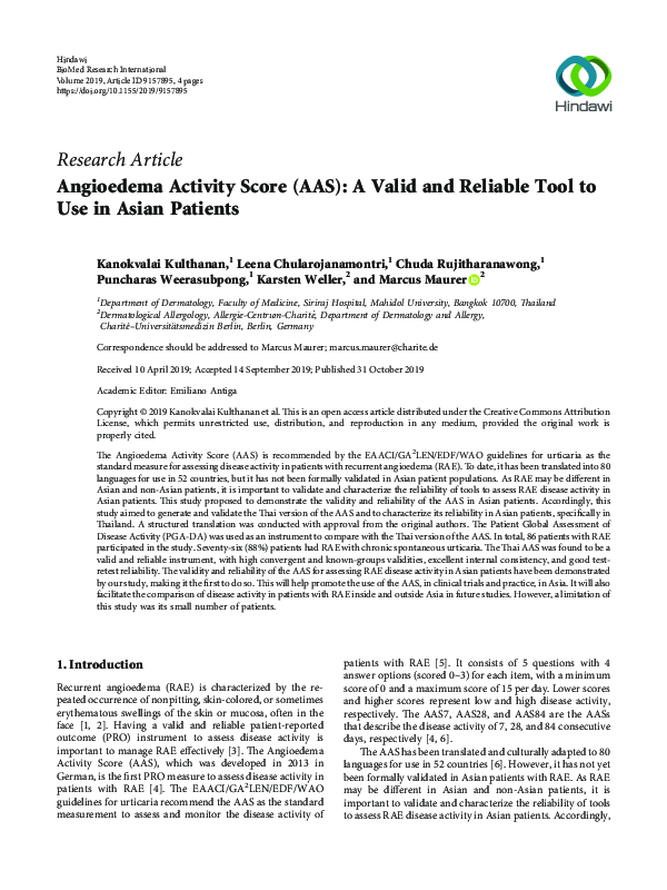 (PDF) Angioedema Activity Score (AAS): A Valid and Reliable Tool to Use ...