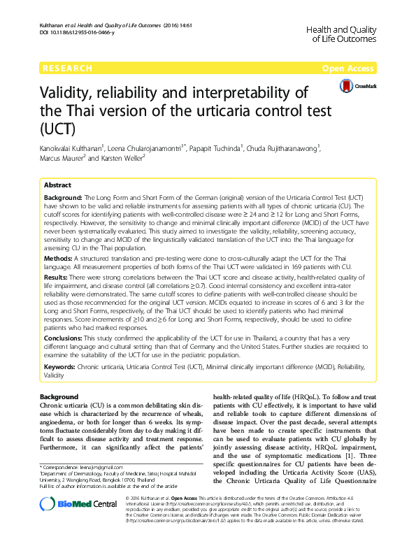 (PDF) Validity, reliability and interpretability of the Thai version of ...