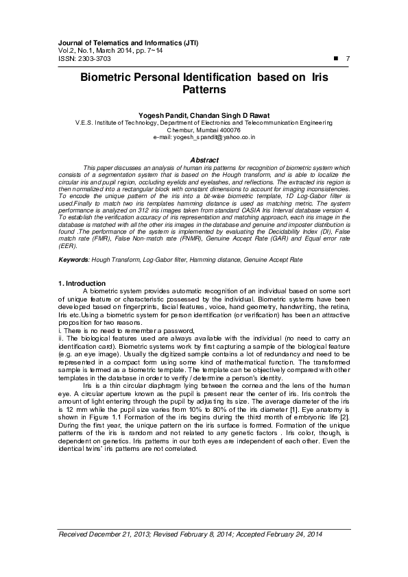 (PDF) Biometric personal identification based on iris patterns