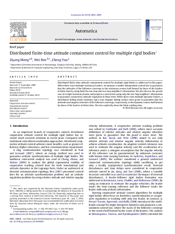 Pdf Distributed Finite Time Attitude Containment Control For Multiple