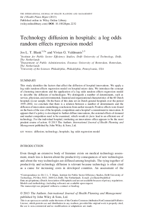 (PDF) Technology diffusion in hospitals: a log odds random effects regression model