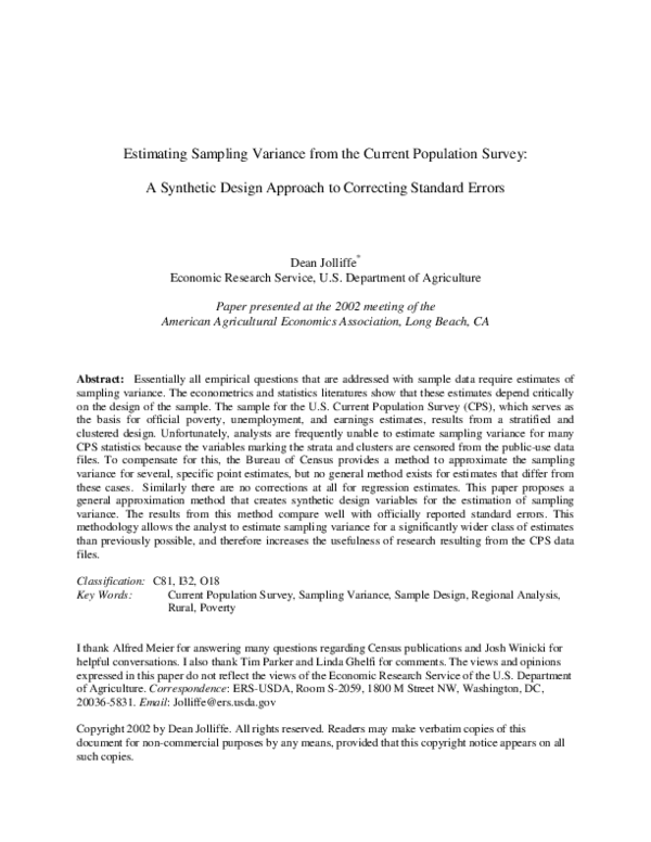 Pdf Estimating Sampling Variance From The Current Population Survey A Synthetic Design
