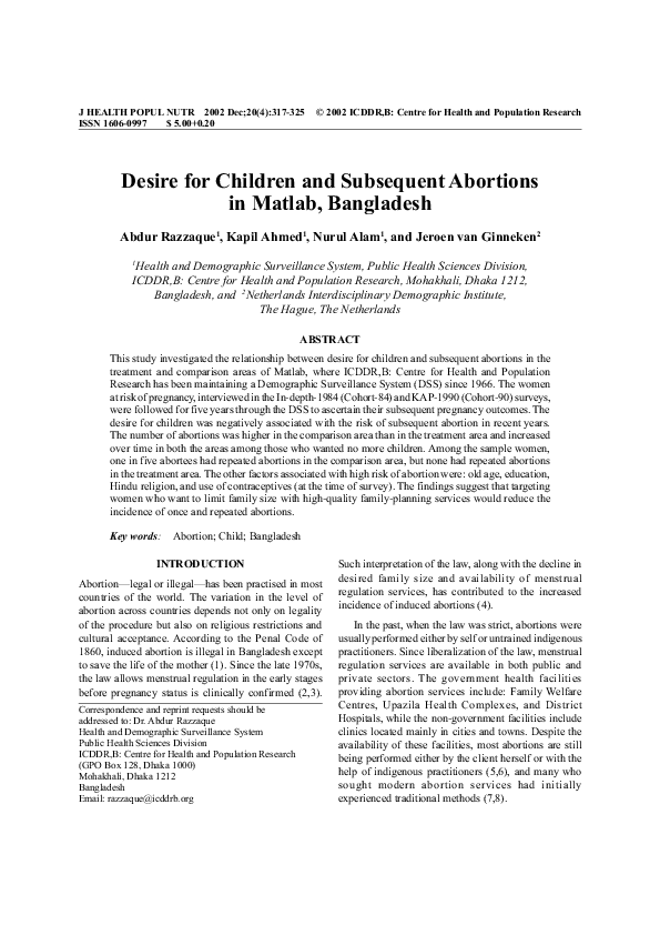 (PDF) Desire for children and subsequent abortions in Matlab, Bangladesh