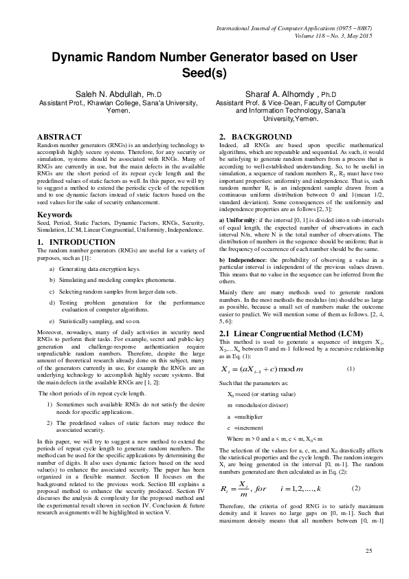 (PDF) Dynamic Random Number Generator based on User Seed(s)