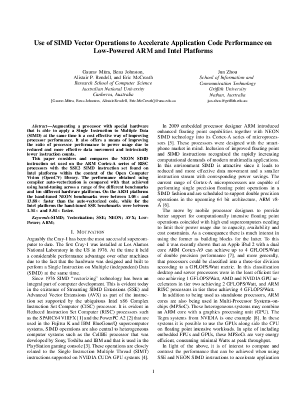 Pdf Use Of Simd Vector Operations To Accelerate Application Code Performance On Low Powered