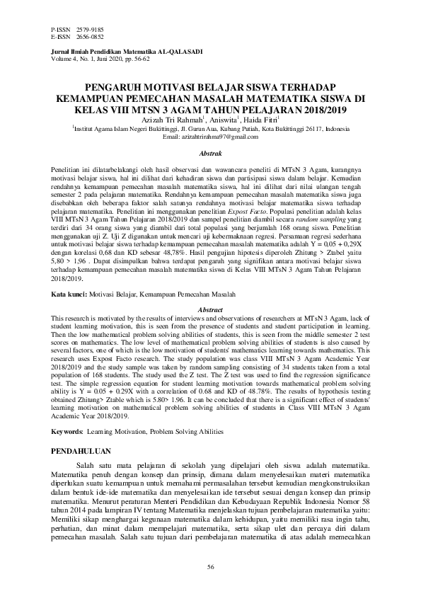 (PDF) Pengaruh Motivasi Belajar Siswa Terhadap Kemampuan Pemecahan Masalah Matematika Siswa DI ...