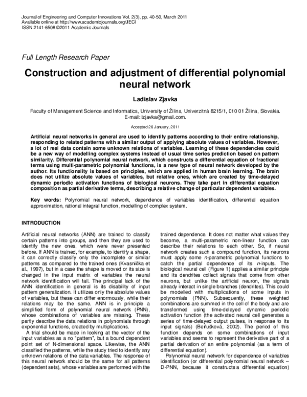 (PDF) Construction and adjustment of differential polynomial neural network