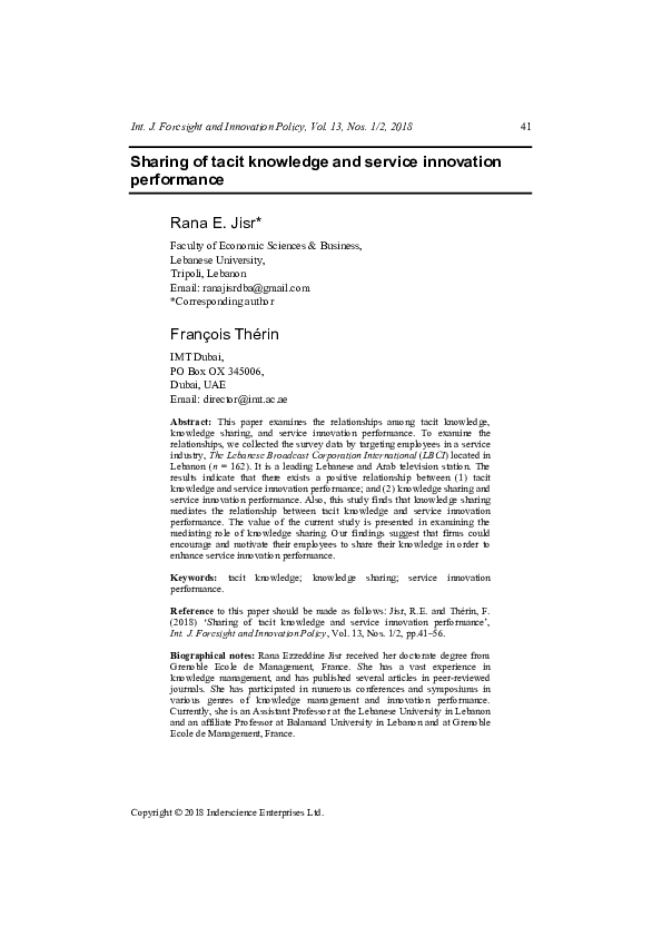 (PDF) Sharing of tacit knowledge and service innovation performance