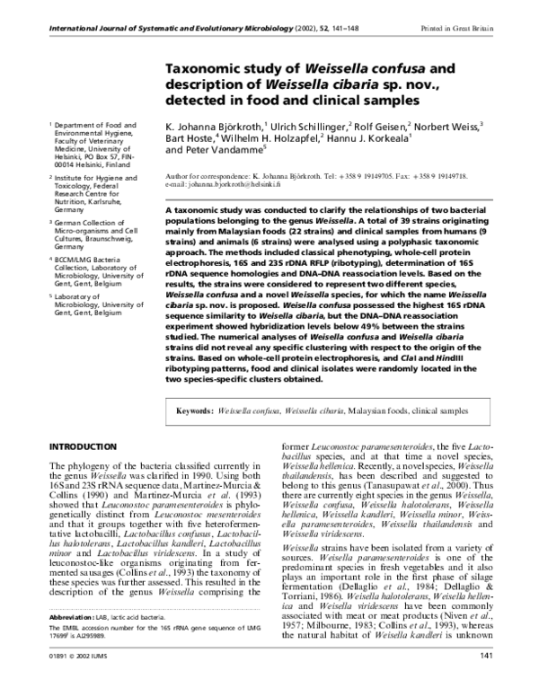 Pdf Taxonomic Study Of Weissella Confusa And Description Of Weissella