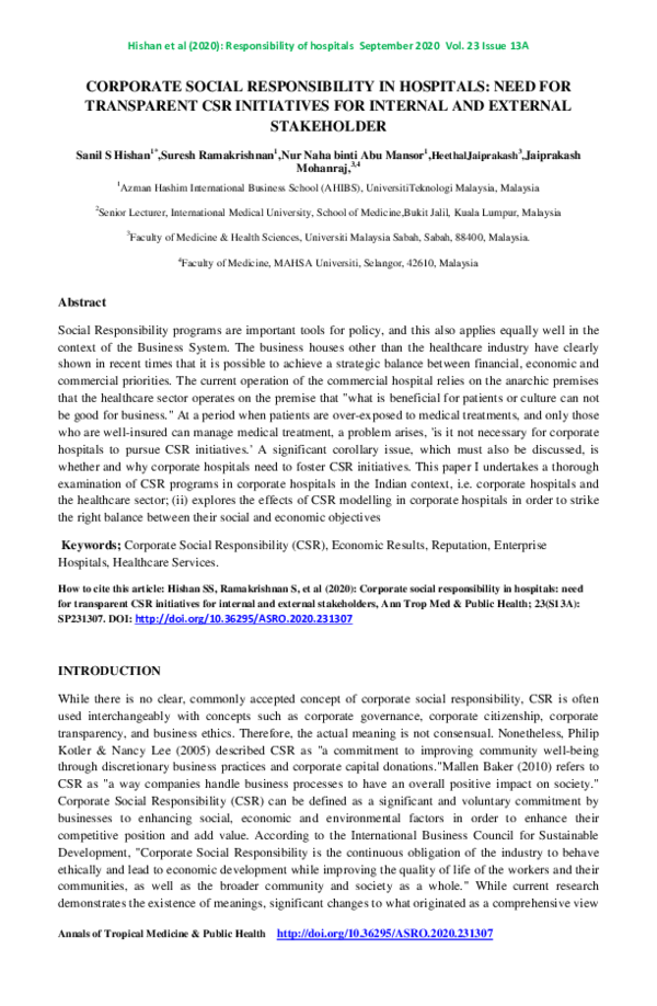 (PDF) Corporate Social Responsibility in Hospitals: Need for ...