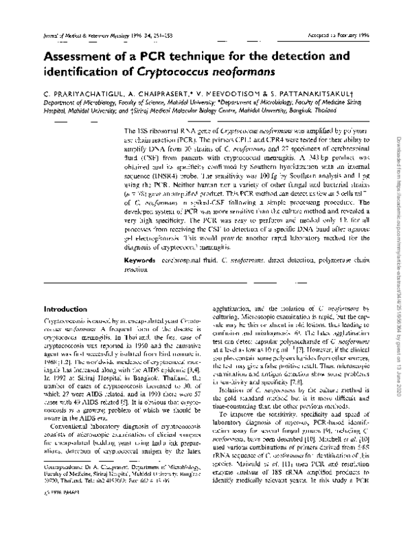 Pdf Assessment Of A Pcr Technique For The Detection And Identification Of Cryptococcus Neoformans