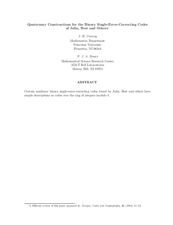 Pdf Quaternary Constructions For The Binary Single Error Correcting Codes Of Julin Best And
