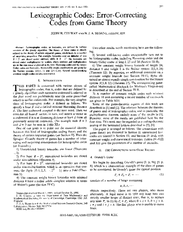 (PDF) Lexicographic codes: Error-correcting codes from game theory