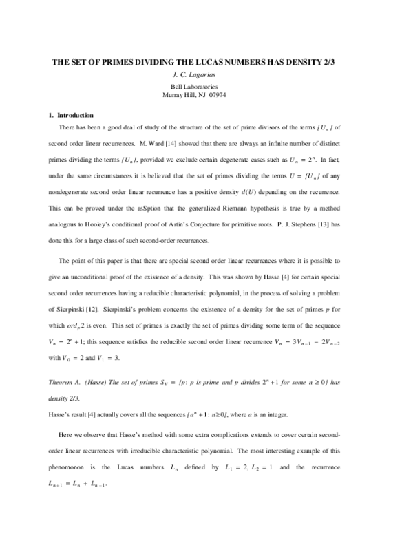 (PDF) The set of primes dividing the Lucas numbers has density 2 ∕ 3