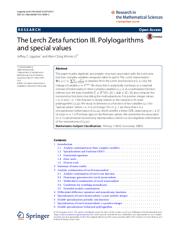 (PDF) The Lerch Zeta function III. Polylogarithms and special values