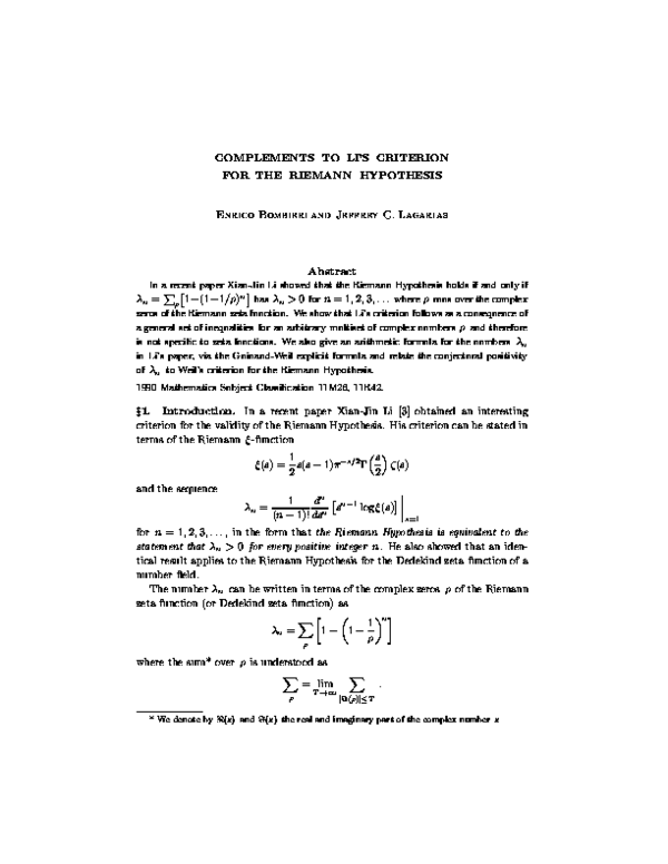 (PDF) Complements to Li's Criterion for the Riemann Hypothesis