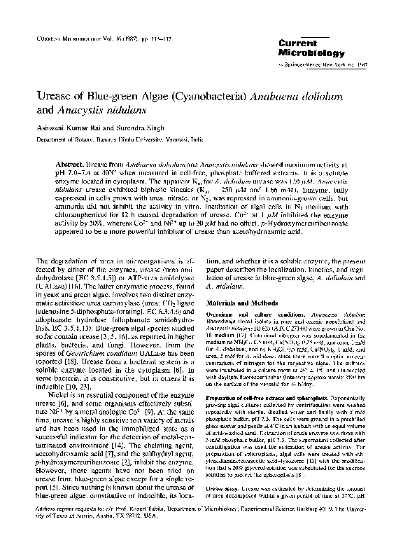 (PDF) Urease of blue-green algae (Cyanobacteria)Anabaena doliolum ...