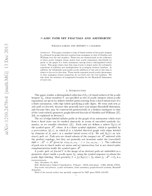 (PDF) P-Adic Path Set Fractals and Arithmetic