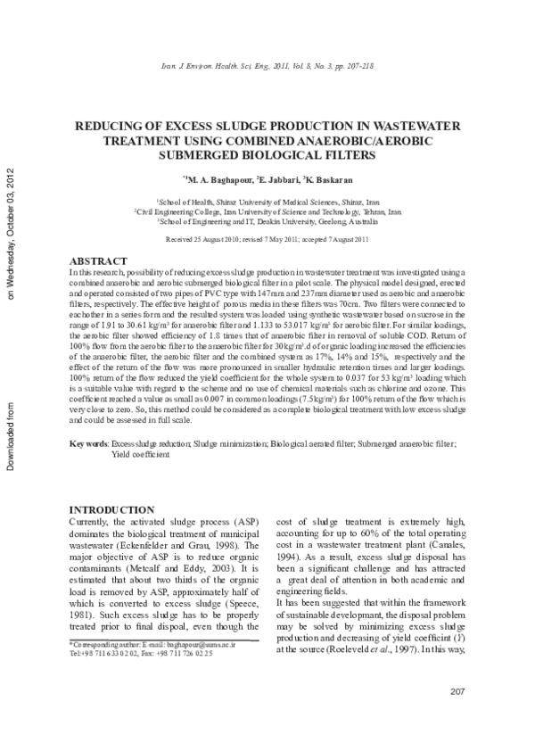 (PDF) Reducing of Excess Sludge Production in Wastewater Treatment Using Combined Anaerobic ...