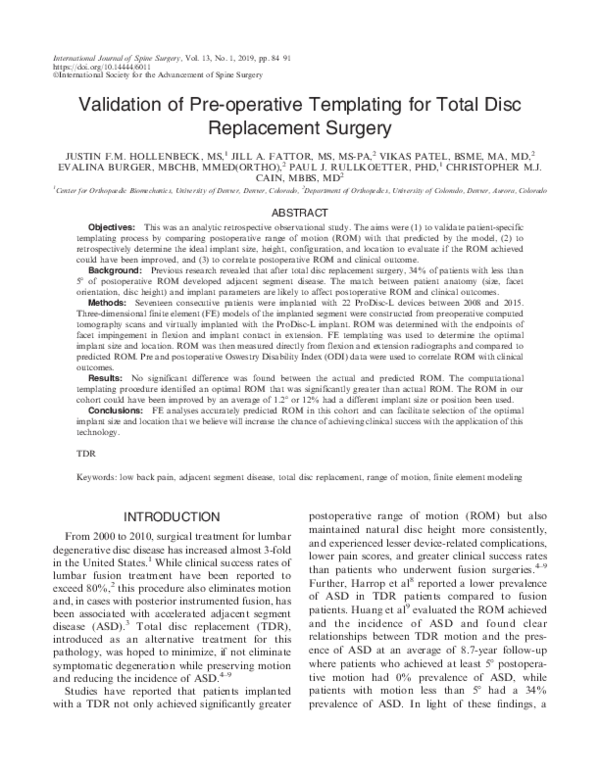 (PDF) Validation of Pre-operative Templating for Total Disc Replacement ...