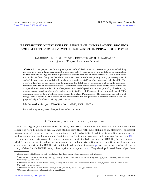 Pdf Preemptive Multi Skilled Resource Constrained Project Scheduling Problem With Hard Soft 1278