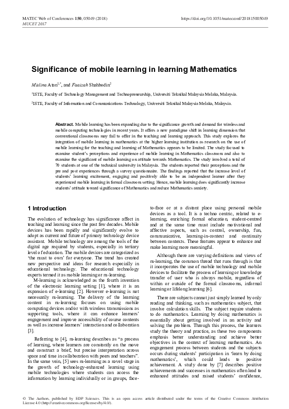 (PDF) Significance of mobile learning in learning Mathematics