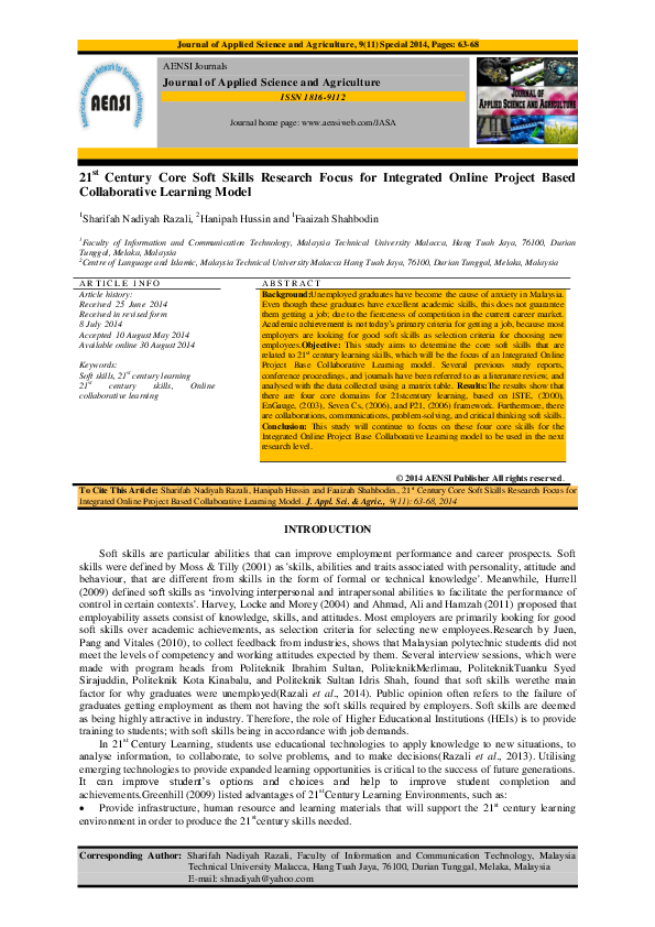 (PDF) 21 st Century Core Soft Skills Research Focus for Integrated Online Project Based ...