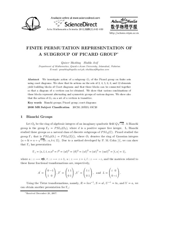 (PDF) Finite permutation representation of a subgroup of picard group