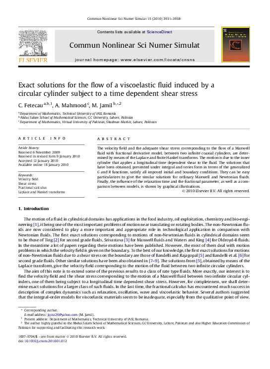 (PDF) Exact solutions for the flow of a viscoelastic fluid induced by a circular cylinder ...