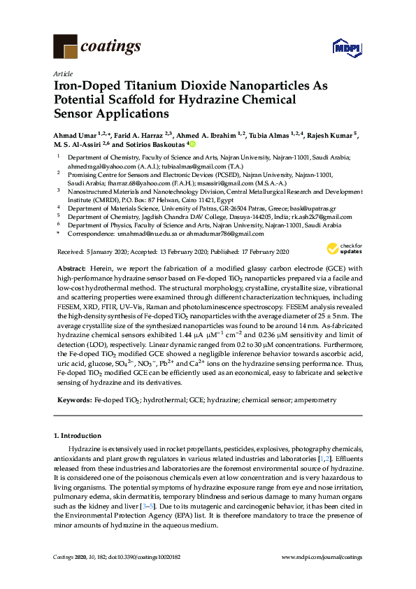 (PDF) Iron-Doped Titanium Dioxide Nanoparticles As Potential Scaffold for Hydrazine Chemical ...