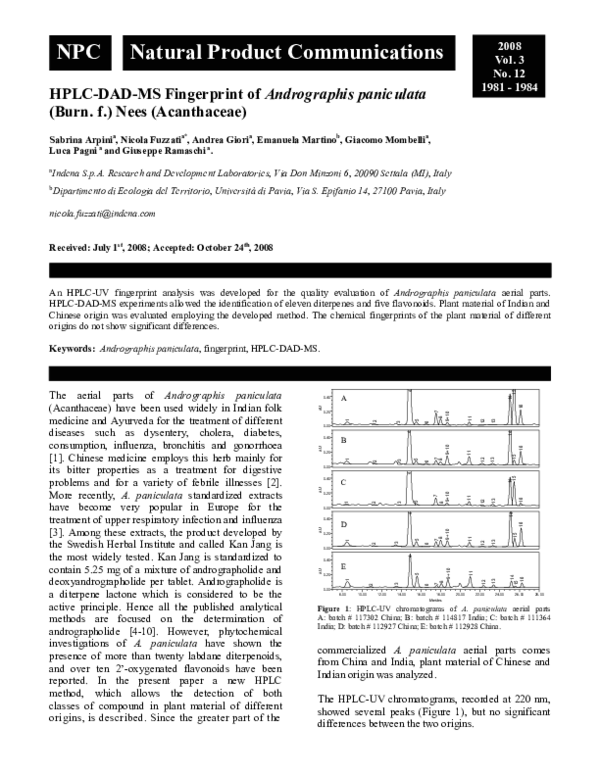 (PDF) HPLC-DAD-MS Fingerprint of Andrographis Paniculata (Burn. f.) Nees (Acanthaceae)