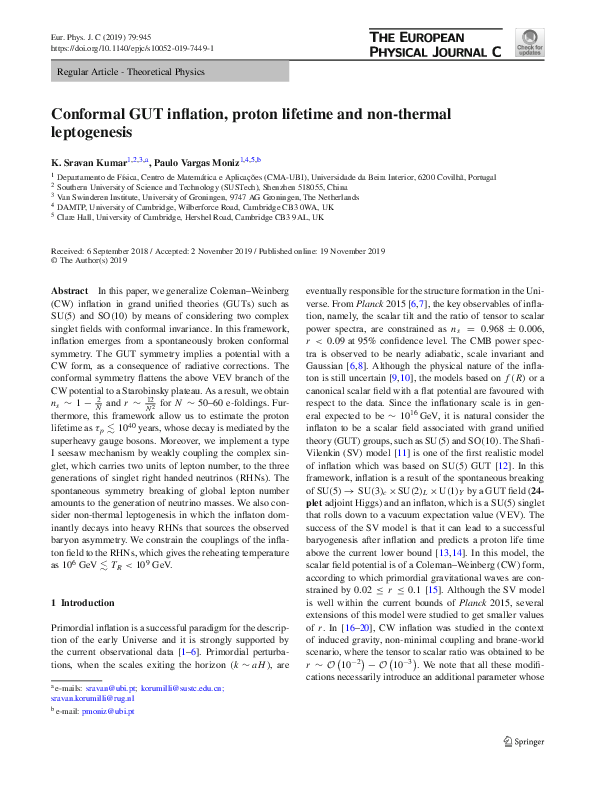 (PDF) Conformal GUT inflation, proton lifetime and non-thermal leptogenesis