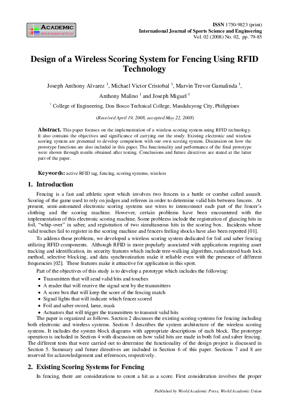 (PDF) Design of a Wireless Scoring System for Fencing Using RFID Technology