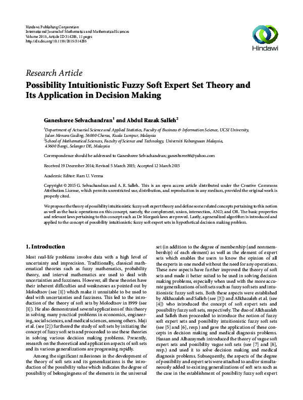 Pdf Possibility Intuitionistic Fuzzy Soft Expert Set Theory And Its Application In Decision Making