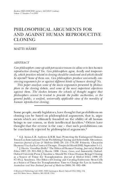 (PDF) Philosophical Arguments for and Against Human Reproductive Cloning