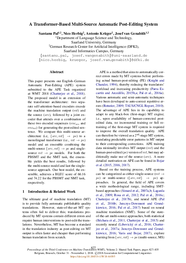 Pdf A Transformer Based Multi Source Automatic Post Editing System Nico Herbig