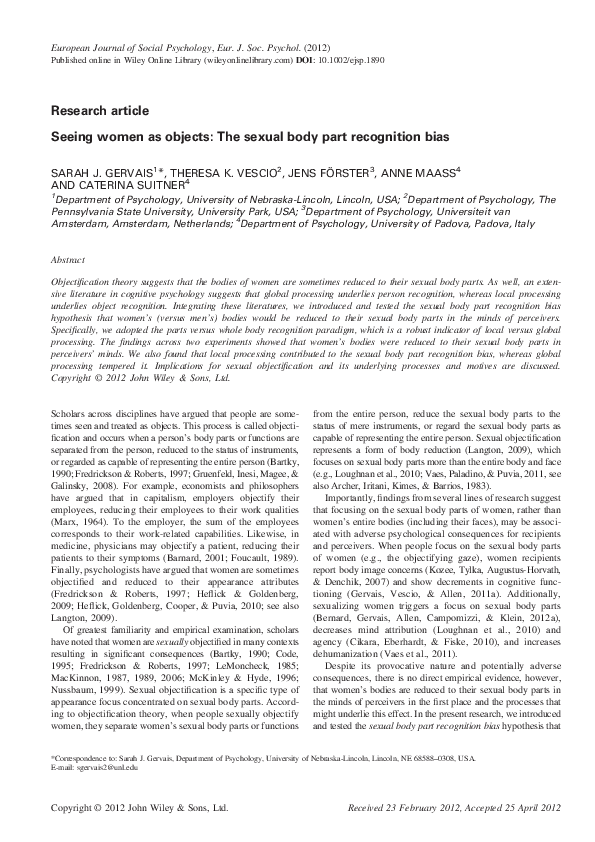 Pdf Seeing Women As Objects The Sexual Body Part Recognition Bias