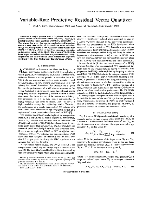 Pdf Variable Rate Predictive Residual Vector Quantizer Nasser