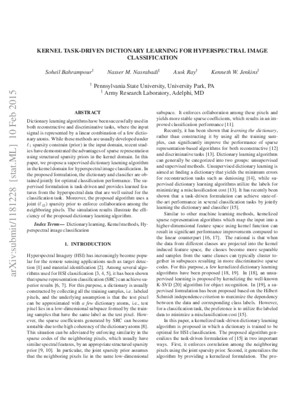 (PDF) Kernel task-driven dictionary learning for hyperspectral image classification | Nasser ...