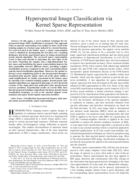 (PDF) Hyperspectral Image Classification via Kernel Sparse Representation | Nasser Nasrabadi ...