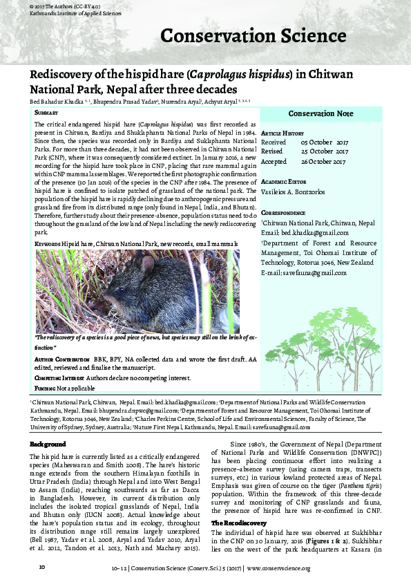 (PDF) Rediscovery of the hispid hare (Caprolagus hispidus) in Chitwan ...